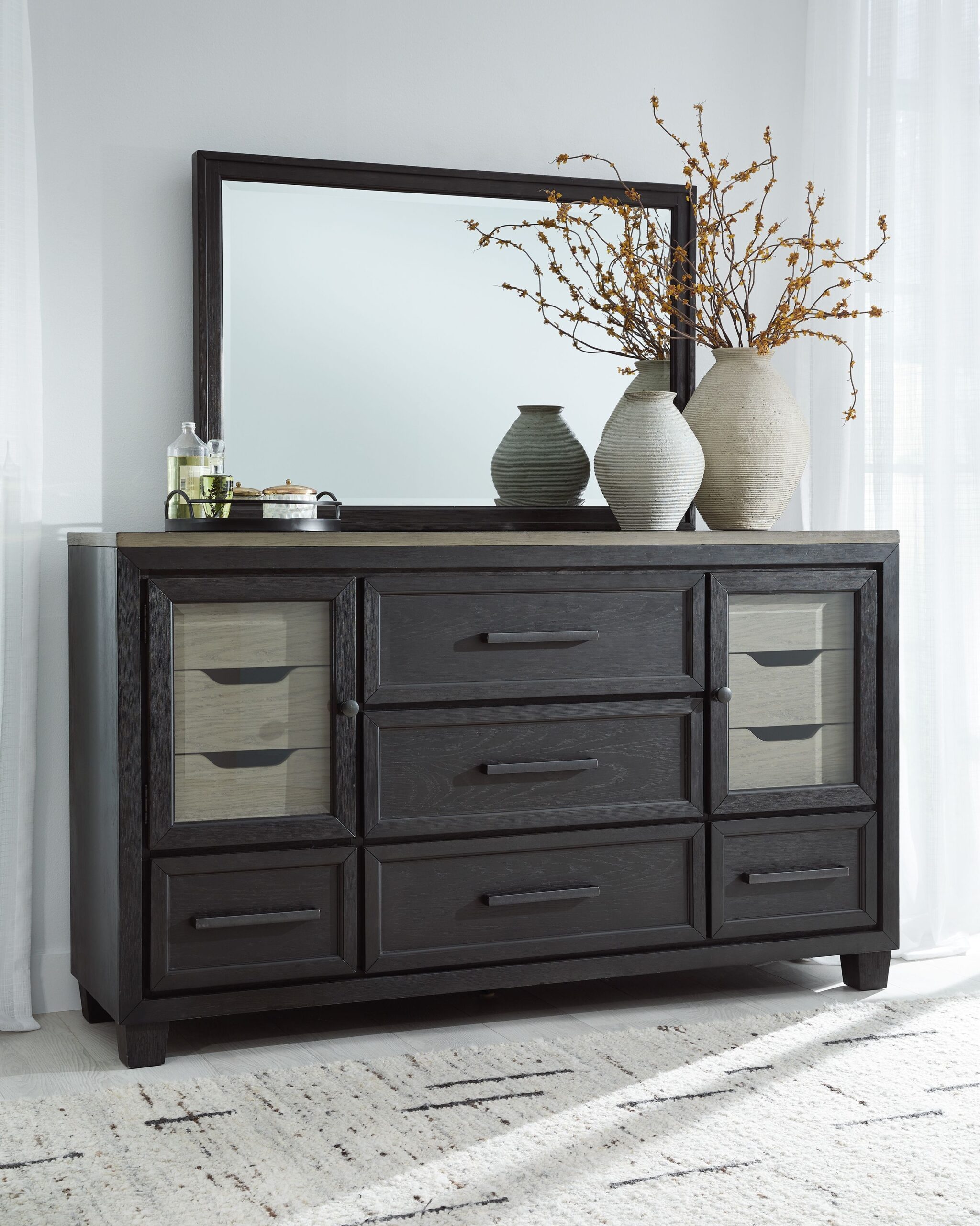 Foyland Black Brown 7 Pc. Dresser Mirror King Panel Storage Bed 2 Nightstands